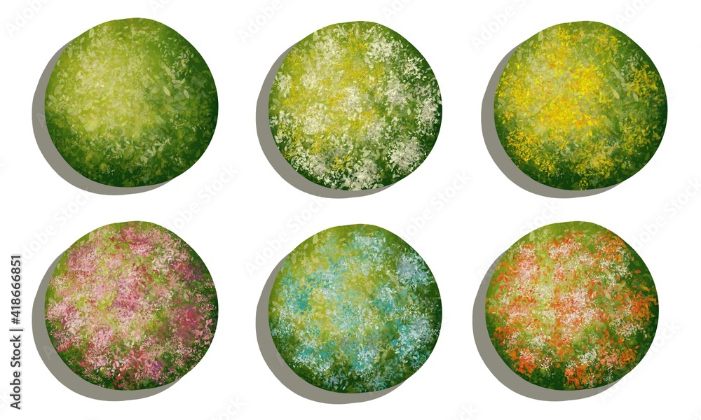 Collection of abstract watercolor green tree top view isolated on white ...