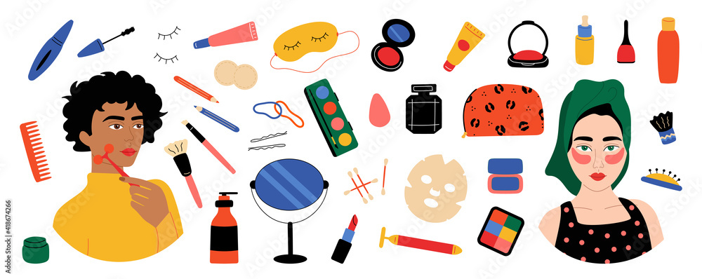 Makeup set. Cute female characters with face skin care cosmetics ...