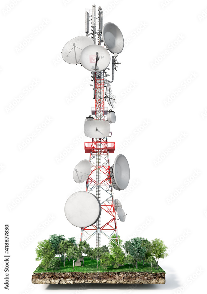 5g tower at the island among trees on a white background 3d ...