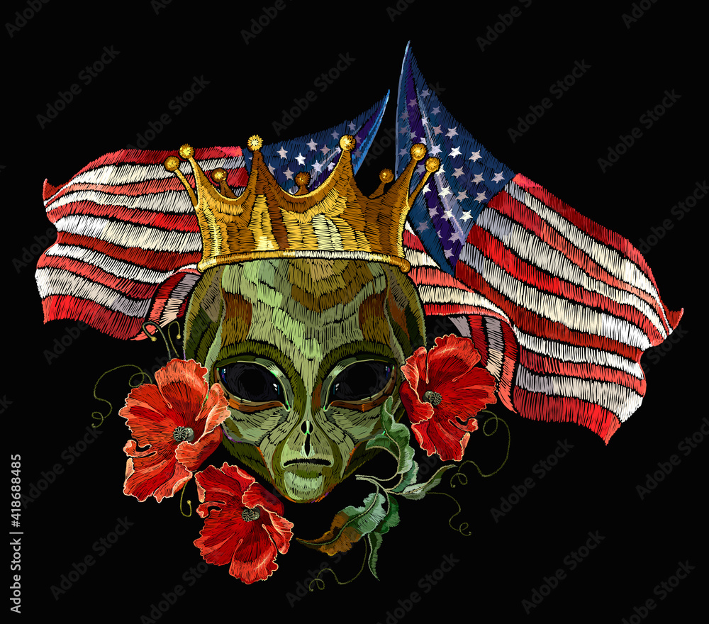 Alien head, golden crown, red roses and rippled American flag. UFO art ...