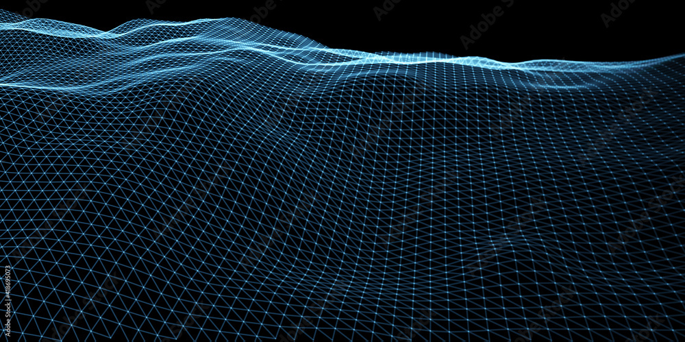 Wave of blue particles. Abstract technology flow background. Sound mesh ...