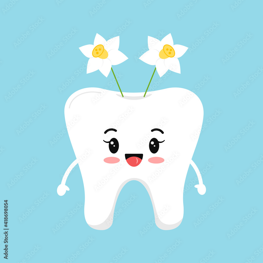 Easter cute tooth with narcissus accessory dental icon isolated on ...