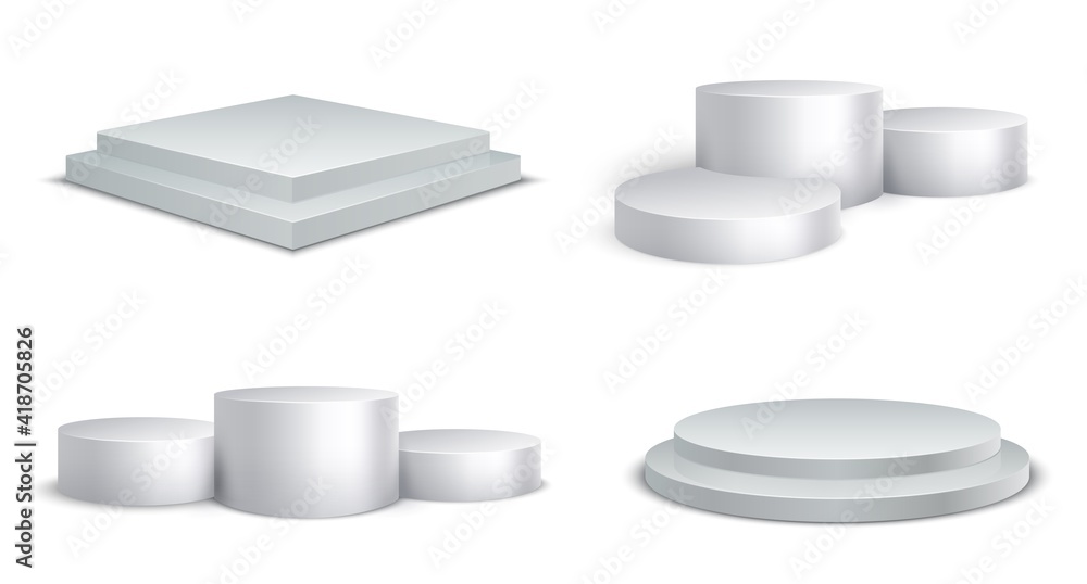 Realistic winner podium. 3D round and square stages. Glossy stepped ...
