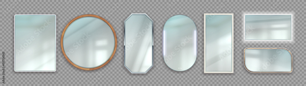 Realistic mirrors. Round and square reflective glass surface with ...
