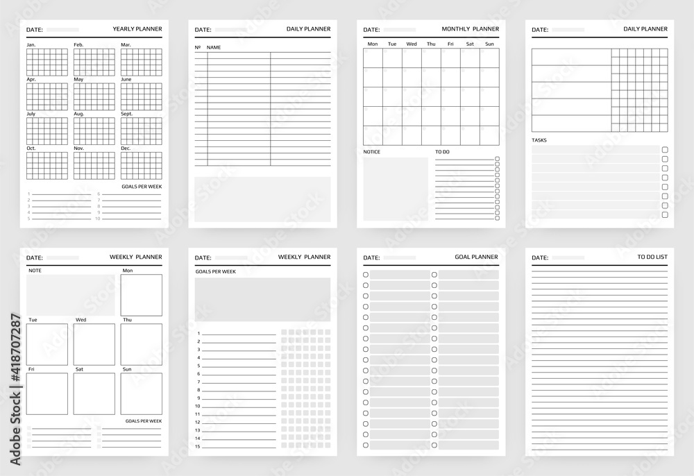 Planner pages. Paper sheets for scheduling, writing tasks for year and ...
