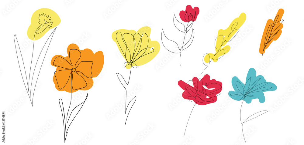 Set of different types of flowers. One line art. Beautiful flowers ...