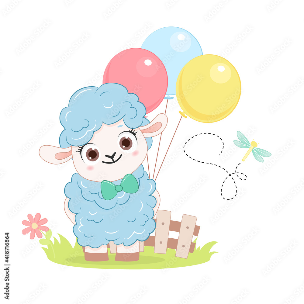 Cartoon smiling blue sheep with balloons. .Vector illustration for kid ...