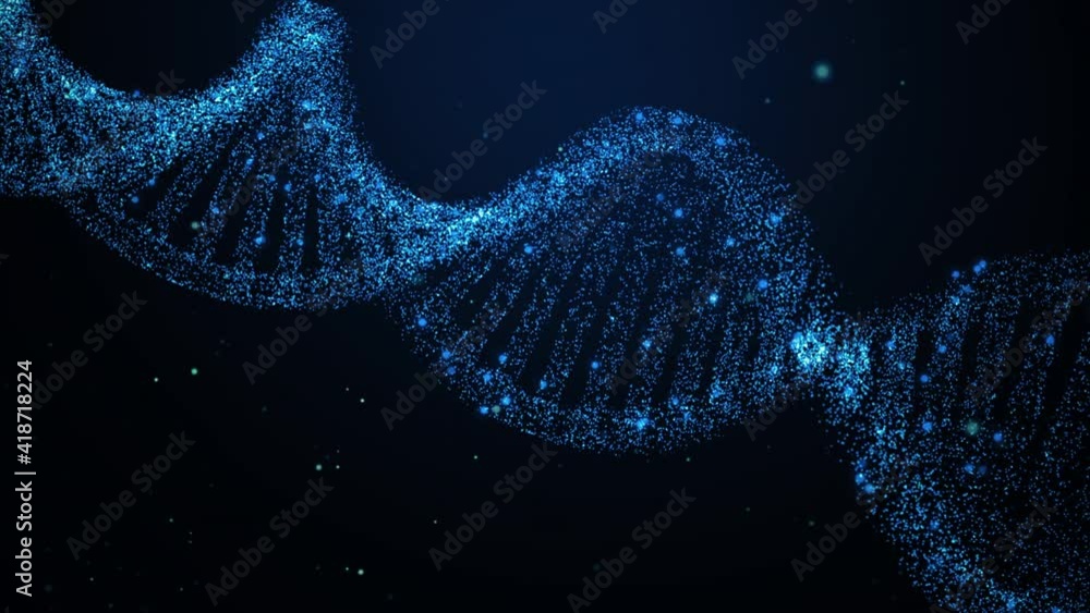 Abstract animation. Animated DNA helix structure from glowing particles on a dark background ...