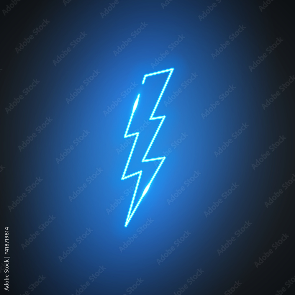 Neon lightning. Glowing blue flash sign on black background. Bright ...