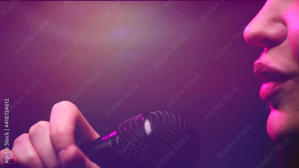 Singing Woman with Microphone. Karaoke bar. Beauty Glamour professional ...
