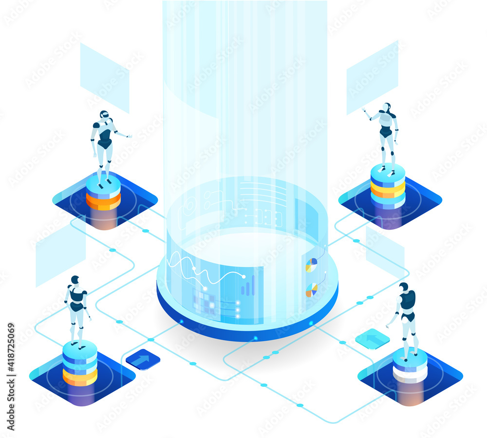 Isometric 3D business concept environment, Robots working as a team in ...