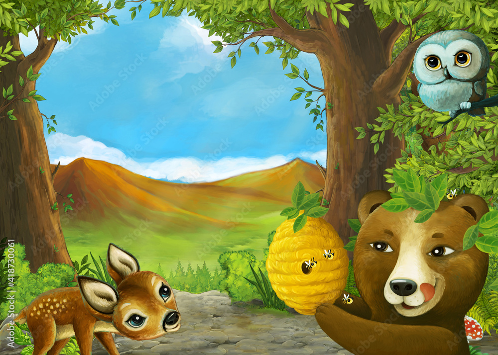 Cartoon nature scene near the forest with a path and animals ...