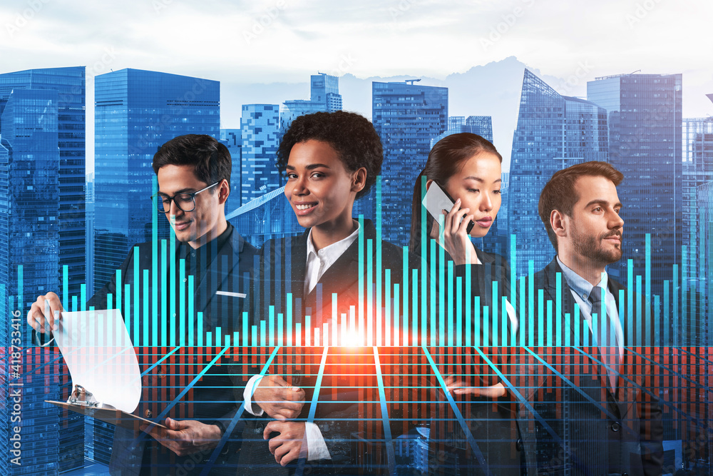 Group of business colleagues working on new venture capital and hi-tech ...