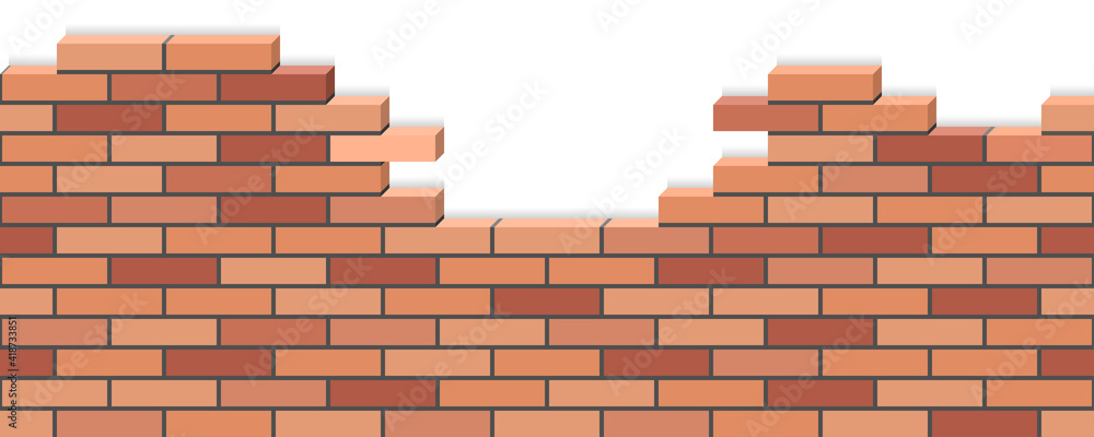 Broken Brick wall. 3D sometric view, red brick stone wall ruins ...