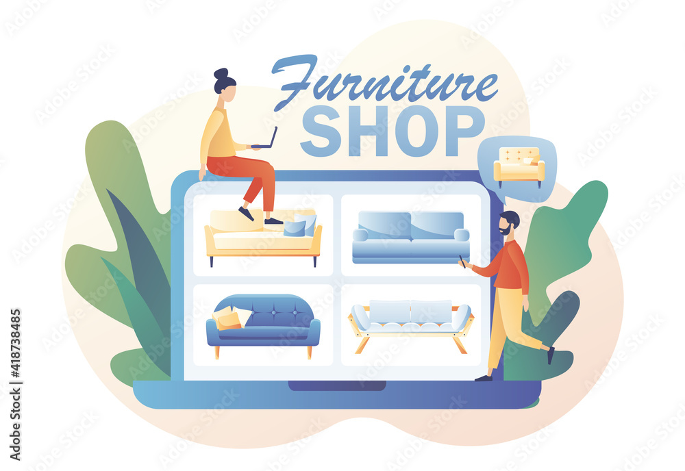 Tiny people shopping furniture and home decor online use laptop ...