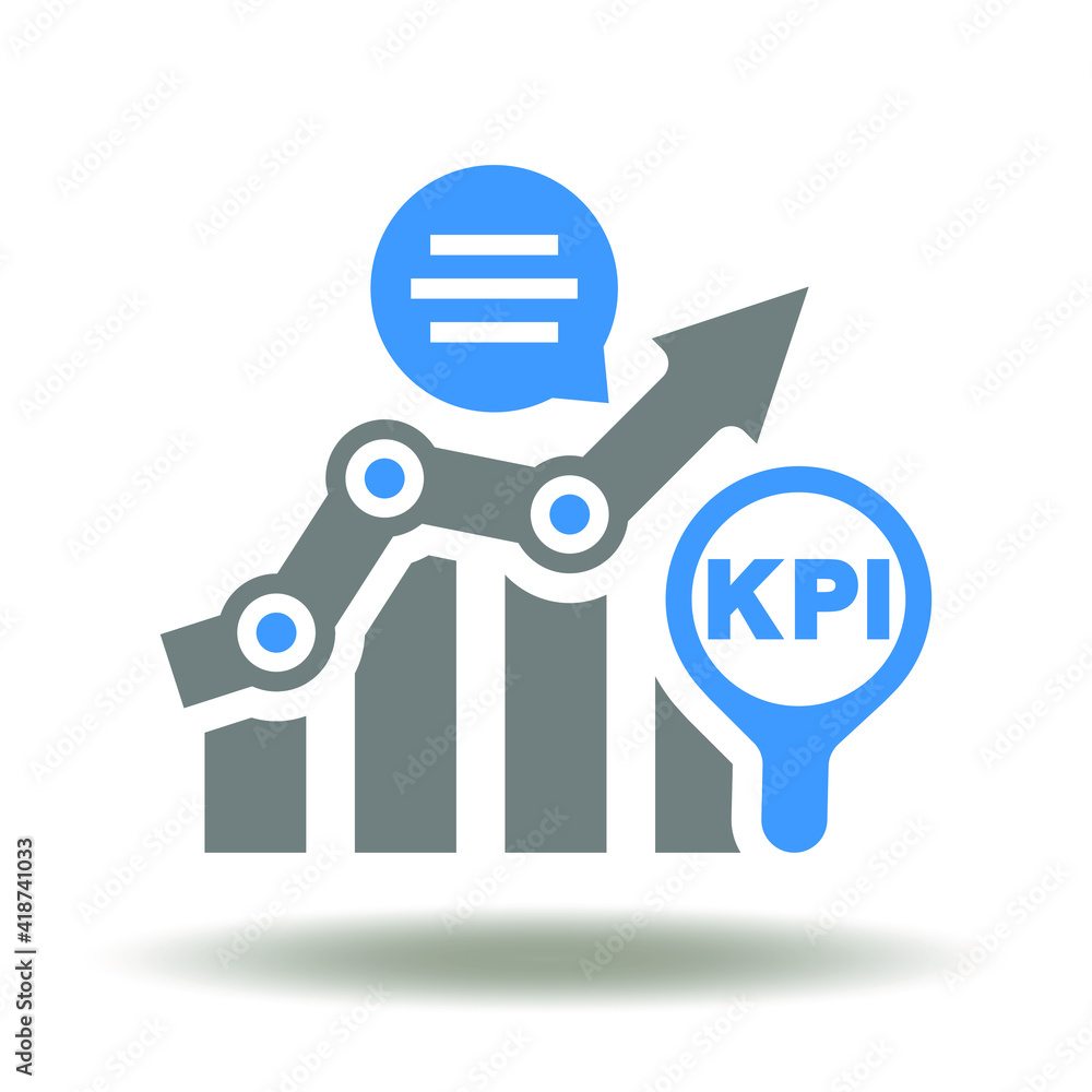 Graph with growth arrow, speech bubble, magnifying glass and kpi vector ...
