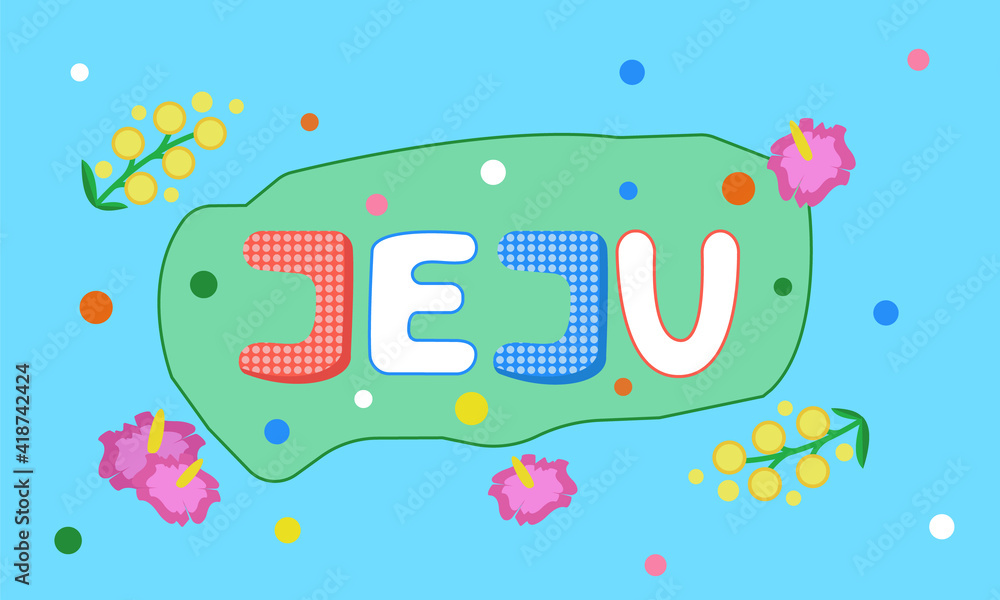 Jeju island name lettering isolated on light blue background. Flat ...