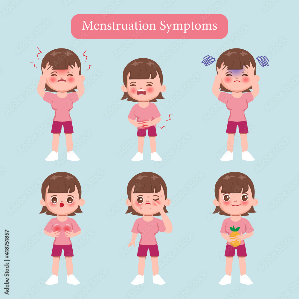 Cartoon cute woman of Menstruation Symptoms. Hand drawn character ...