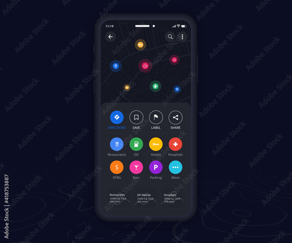 Mobile Map Gps Navigation App Dark Mode Ux Ui Concept Smartphone Map Application App Search