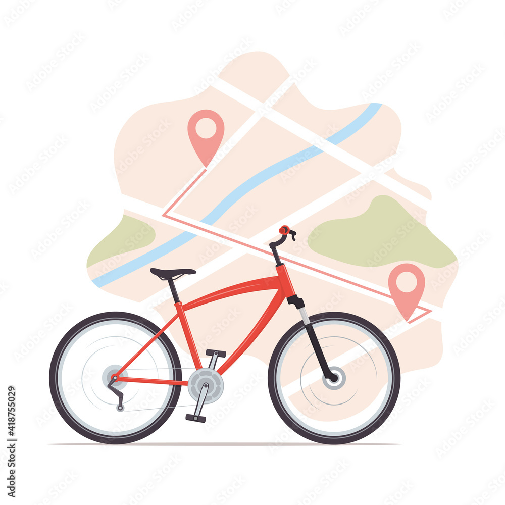 Bike, map with start and finish markers. Bicycle rental, bike sharing ...