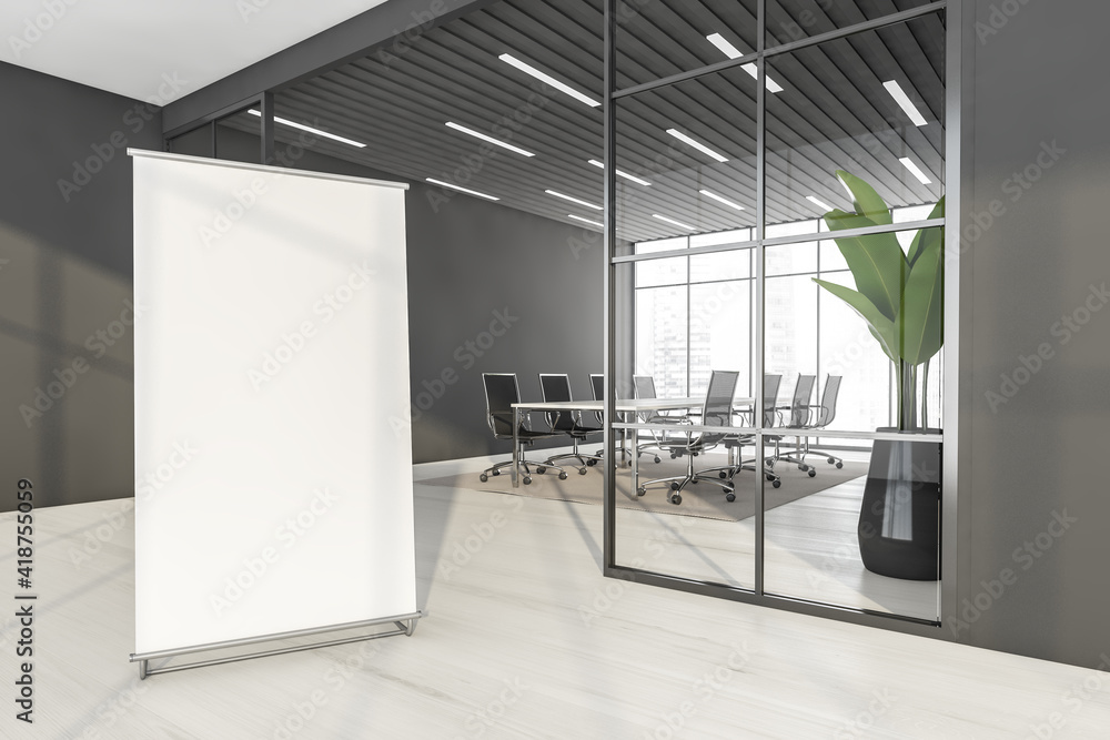 Mockup roll up banner near conference room with furniture and windows ...