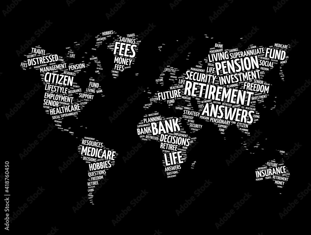 Retirement word cloud in shape of world map, concept background Stock ...