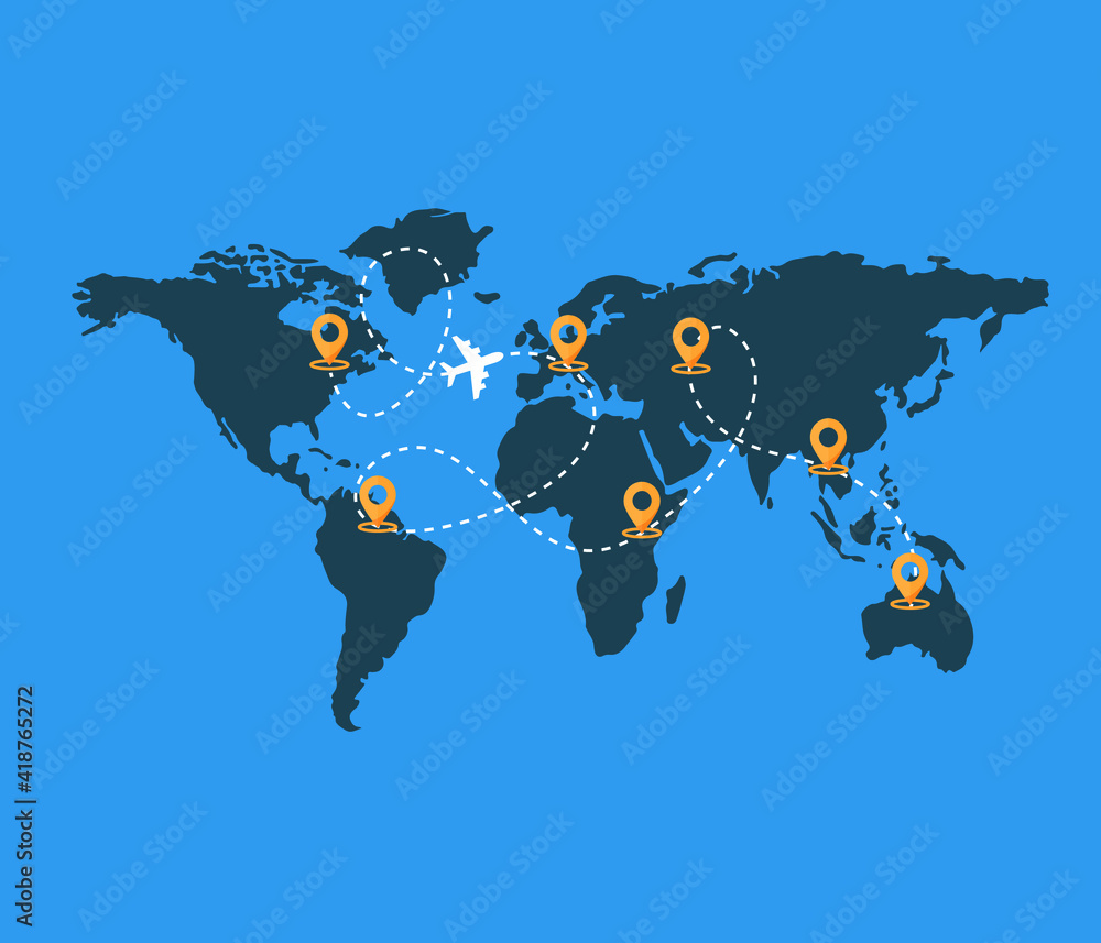 World map plane tracks. Aviation track path on world map, airplane ...