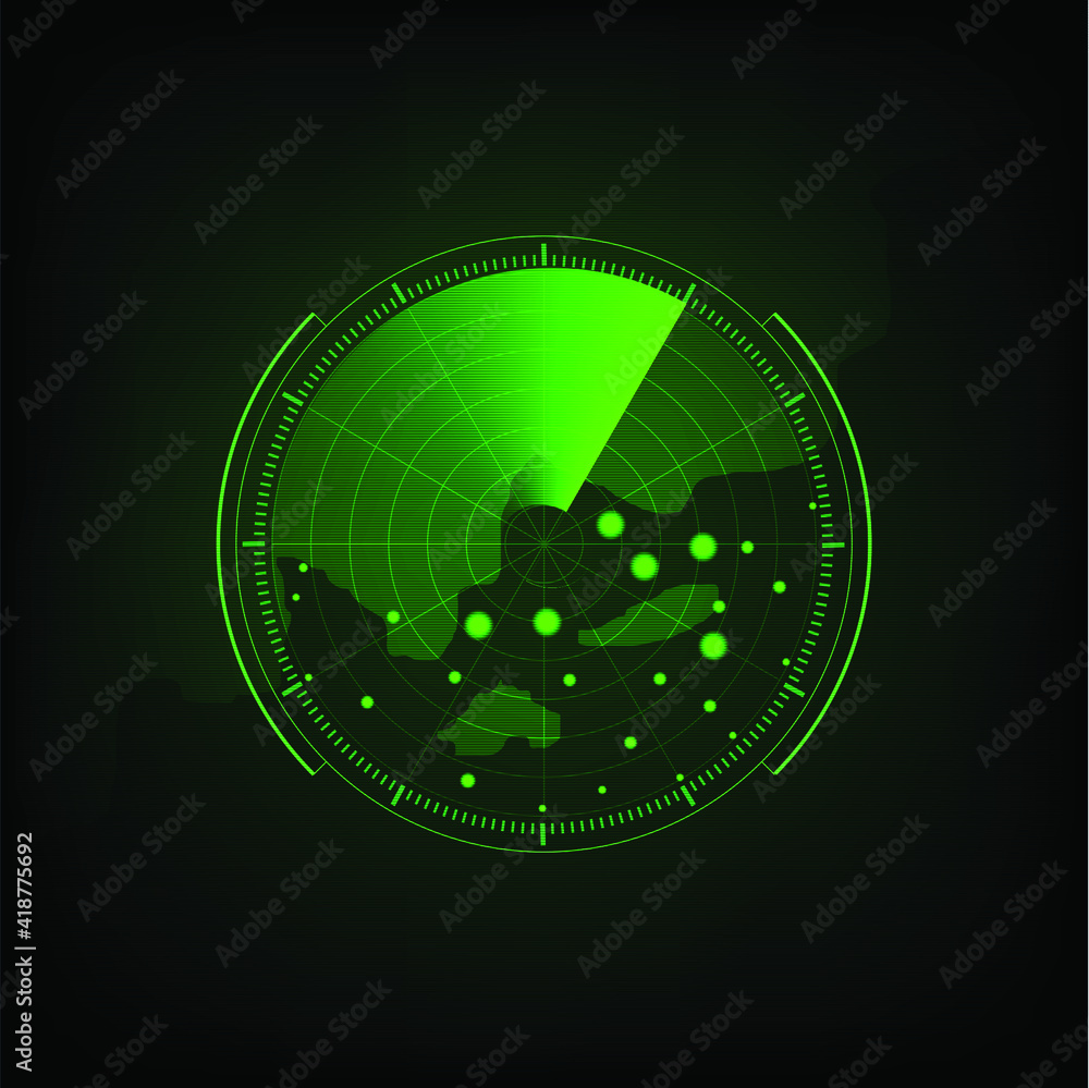 Abstract green radar with target, submarine search, realistic digital ...