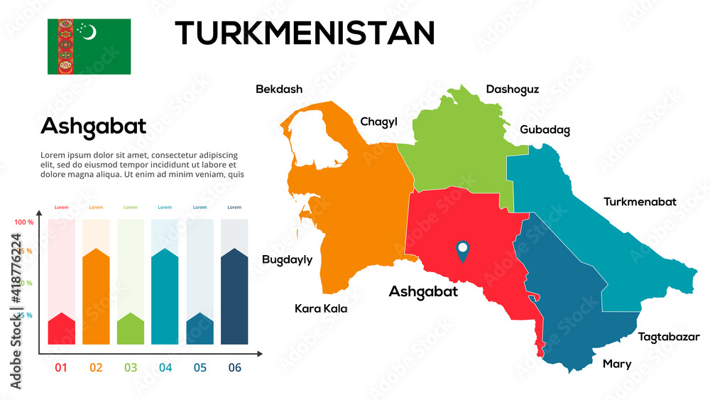 Turkmenistan map. Image of a global map in the form of regions of ...