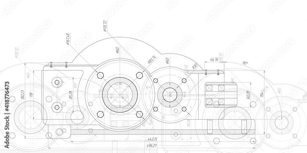 Technical drawing of gears .Rotating mechanism of round parts .Machine ...