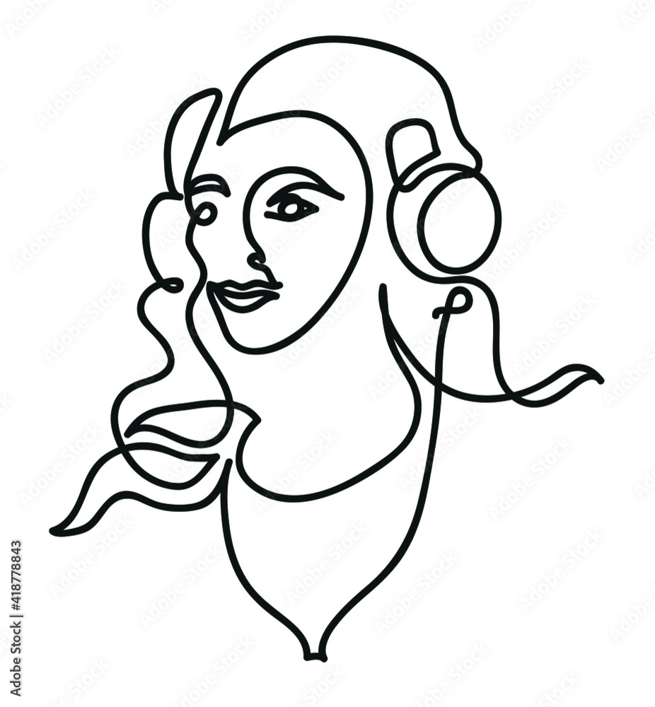 One line drawing of woman listening music via headphones. One ...