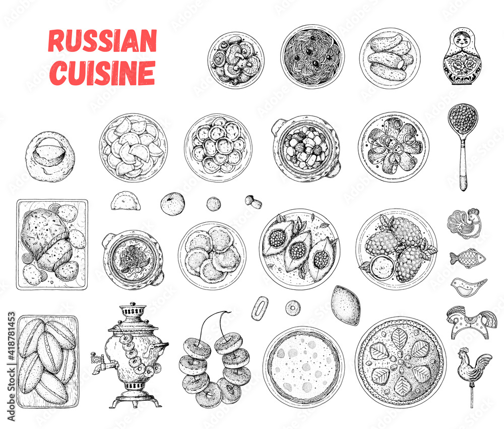 Vecteur Stock Russian cuisine top view. Food menu design elements ...