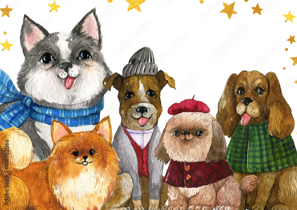 Watercolor dog faces, dog breed. Background with cute and funny puppies ...