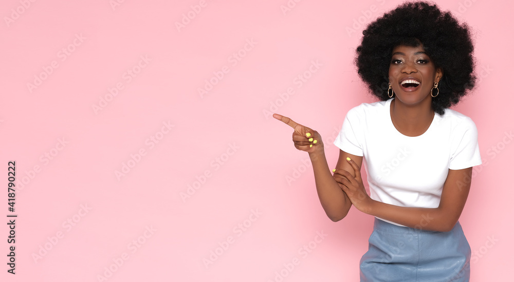 Beautiful black woman shows important information. Stock Photo | Adobe ...