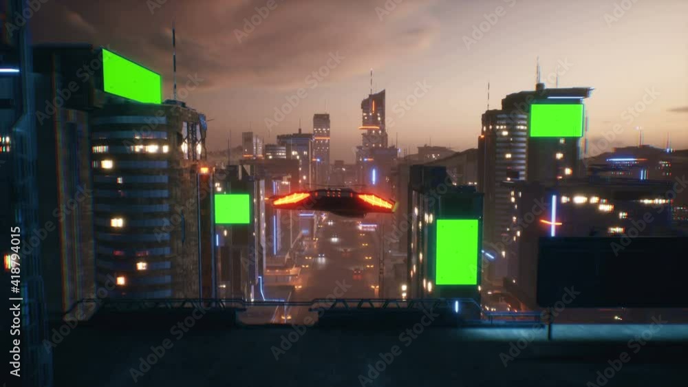 4K looped background with green screen banners. 3D City of the future ...