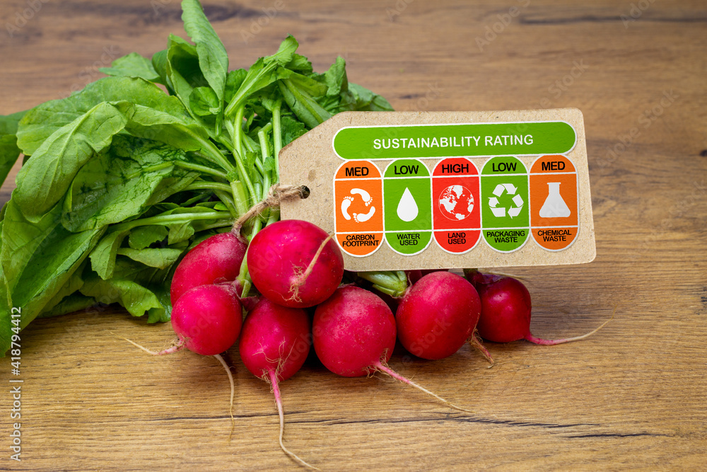 Sustainability Rating label on radishes with high, med and low ratings ...