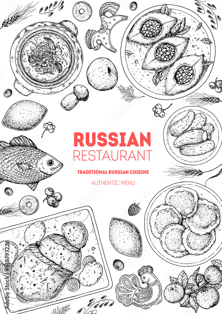 Russian cuisine top view frame. Food menu design elements. Traditional ...