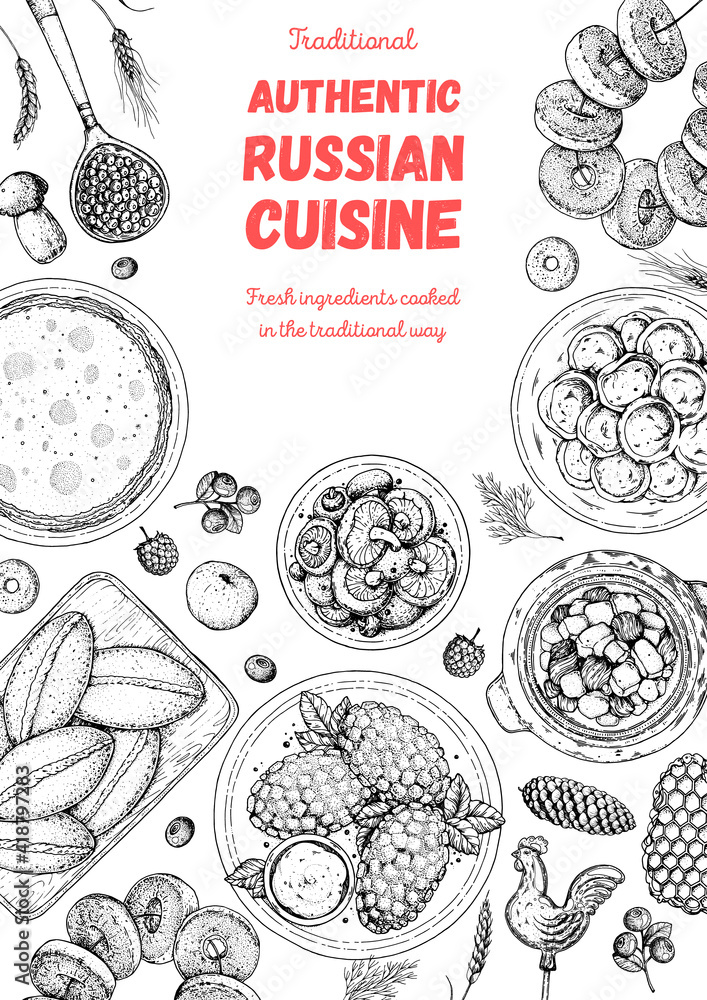 Russian cuisine top view frame. Food menu design elements. Traditional ...