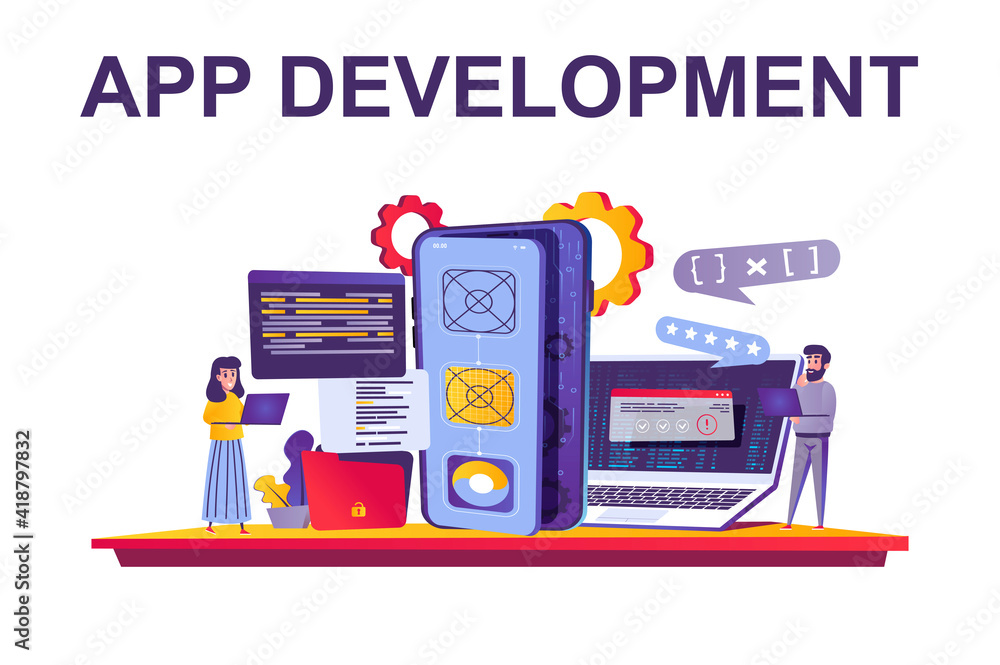 App development web concept in flat style. People working, develop ...