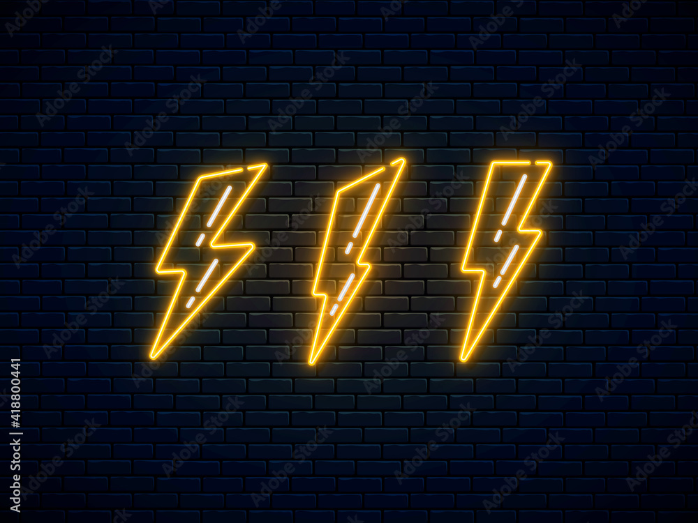 Neon lightning bolt set. High-voltage thunderbolt neon symbol ...