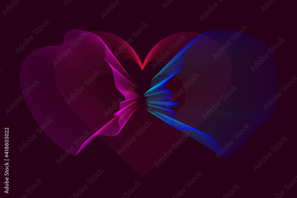 Female and male linear profiles on the background of the heart. Pink ...