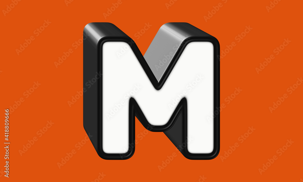 Alphabet letter M, black and white with glossy plastic texture, bold ...