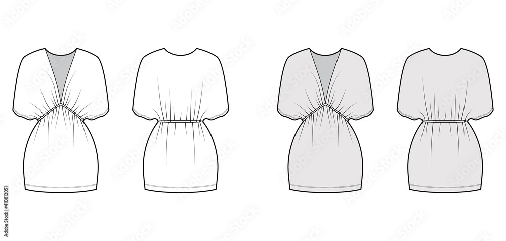 Kaftan dress technical fashion illustration with deep V-neck, batwing ...