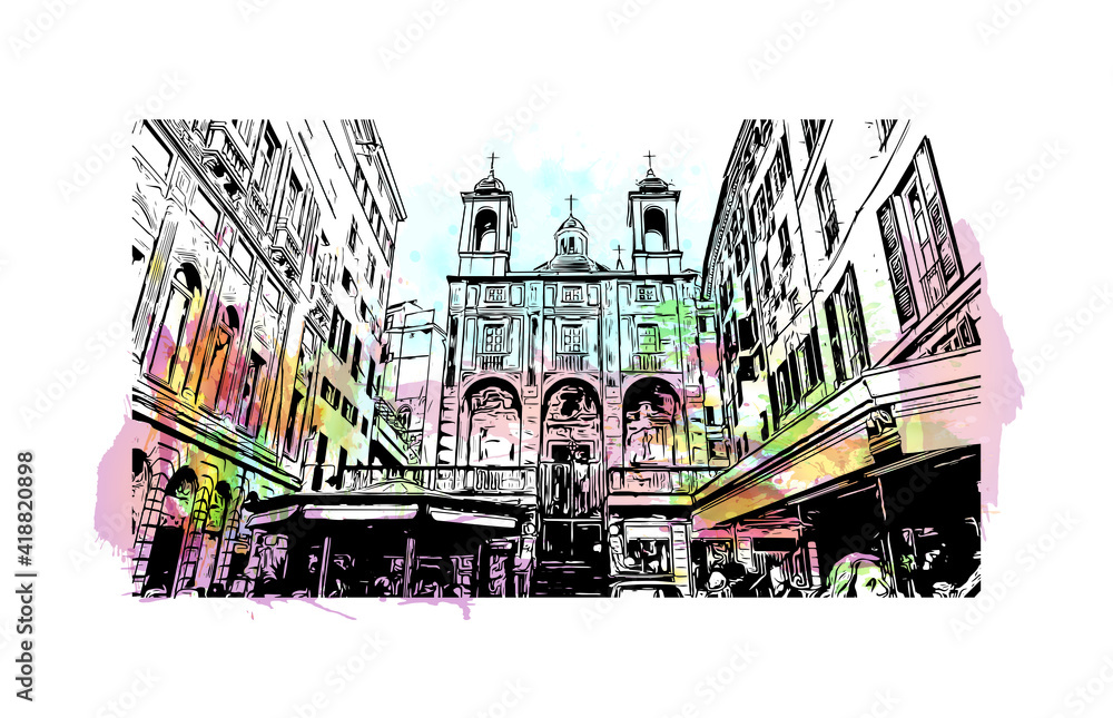 Building view with landmark of Genoa is the city in Italy. Watercolour ...