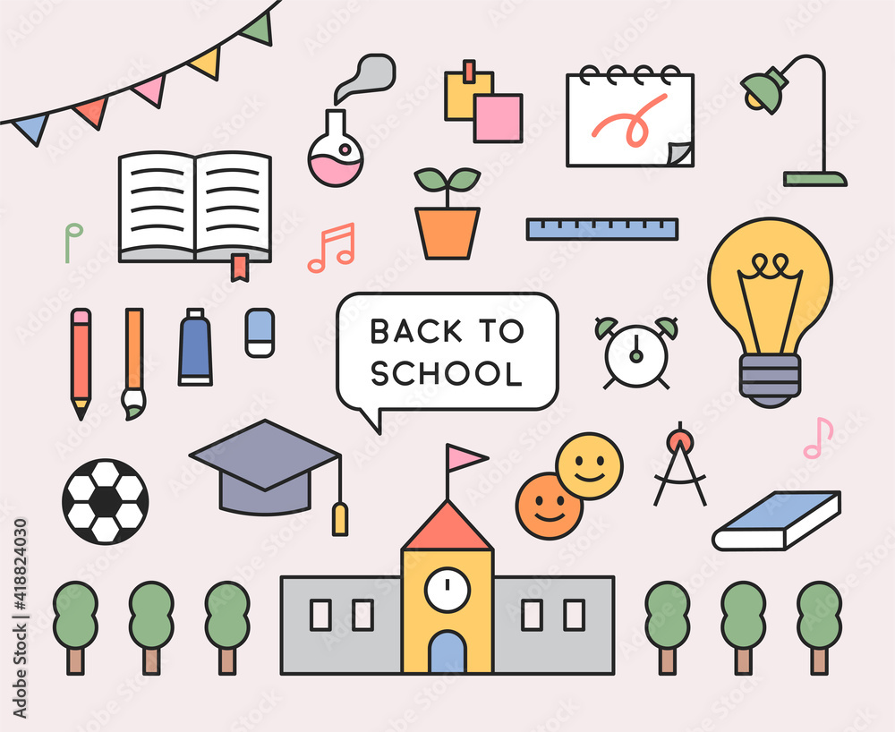School icon collection. School supplies, books, and buildings objects ...