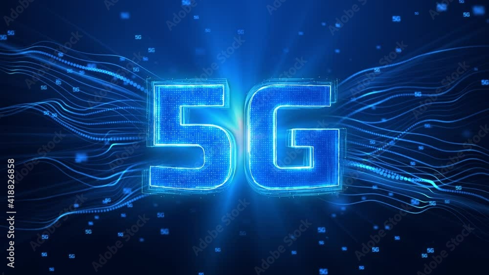 5G 3D hologram symbol on dynamic digital Loop background. 5th generation of mobile communication ...