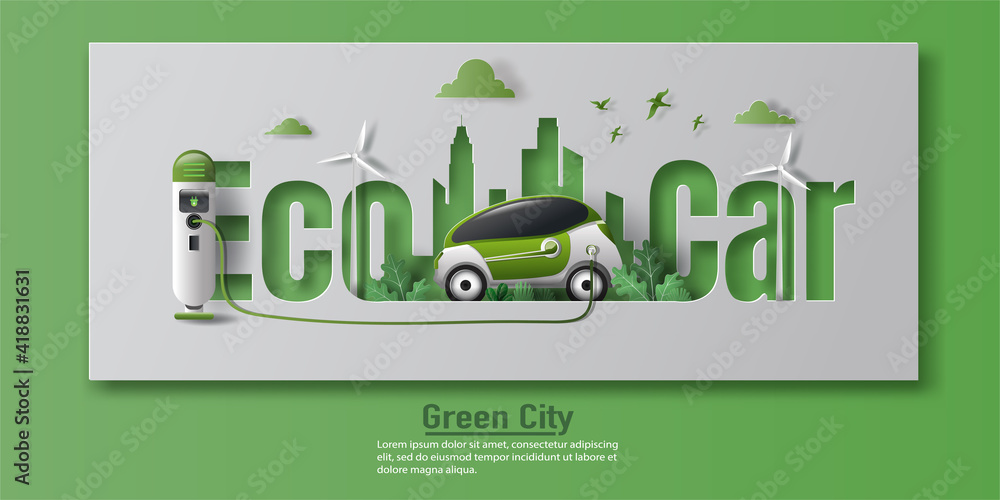 Electric car banner design with EV charger station in a modern city ...