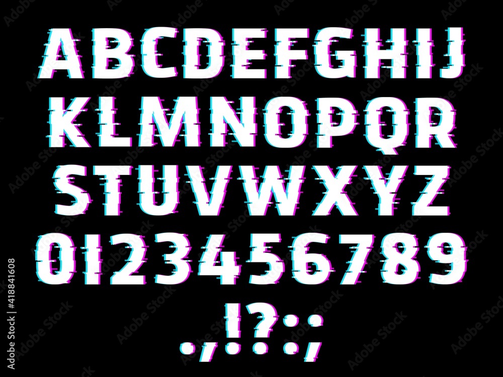 Glitch type font, glowing vector alphabet letters, ripple digits and ...