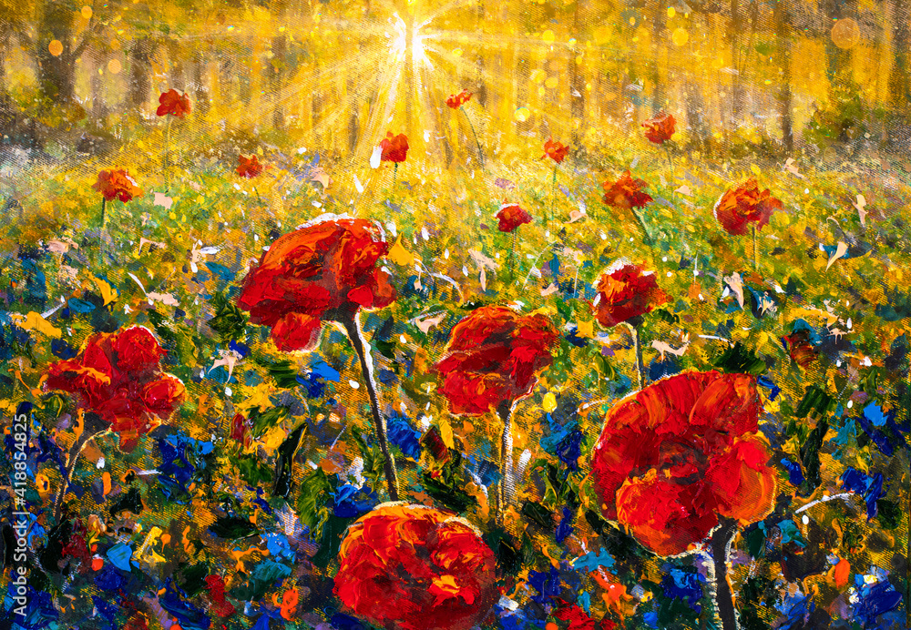 Artwork sun rays sunny flower field Sunrise Sunset in forest landscape ...