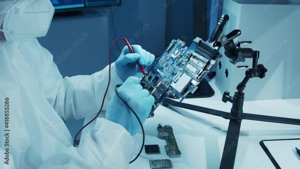 Microelectronics engineer works in a modern scientific laboratory on ...